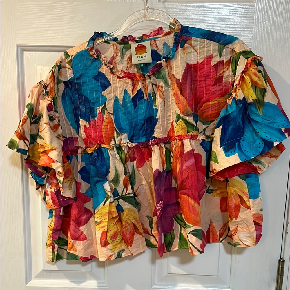 Farm Rio Blue Bib Collar Short Sleeve Blouse - Gem